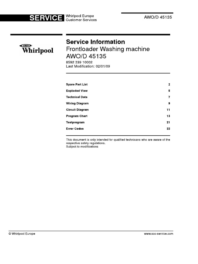 Manual Service Masina Spalat Whirlpool Awo D 45135 PDF | PDF