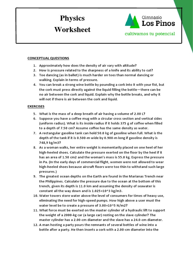Physics Worksheet: Conceptual Questions | PDF | Pressure | Density