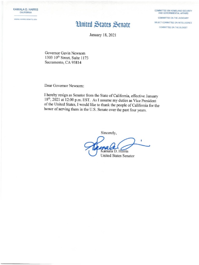 Kamala Harris Resignation Letter | PDF