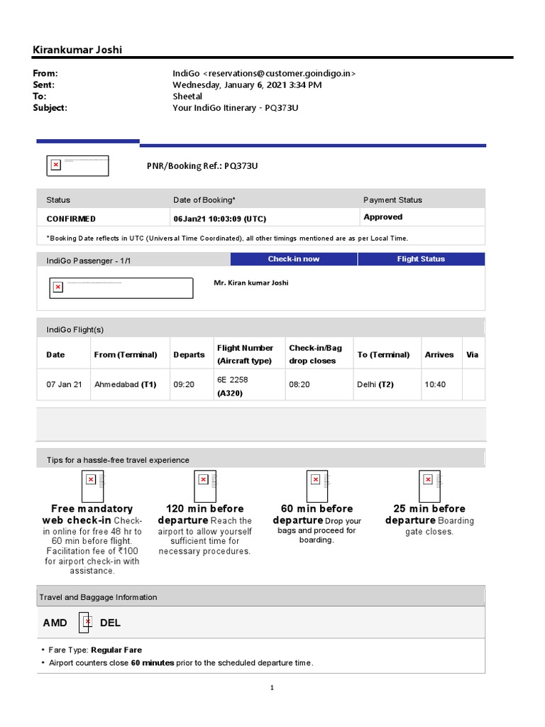 Kirankumar Joshi: PNR/Booking Ref.: PQ373U | PDF | Baggage | Aviation