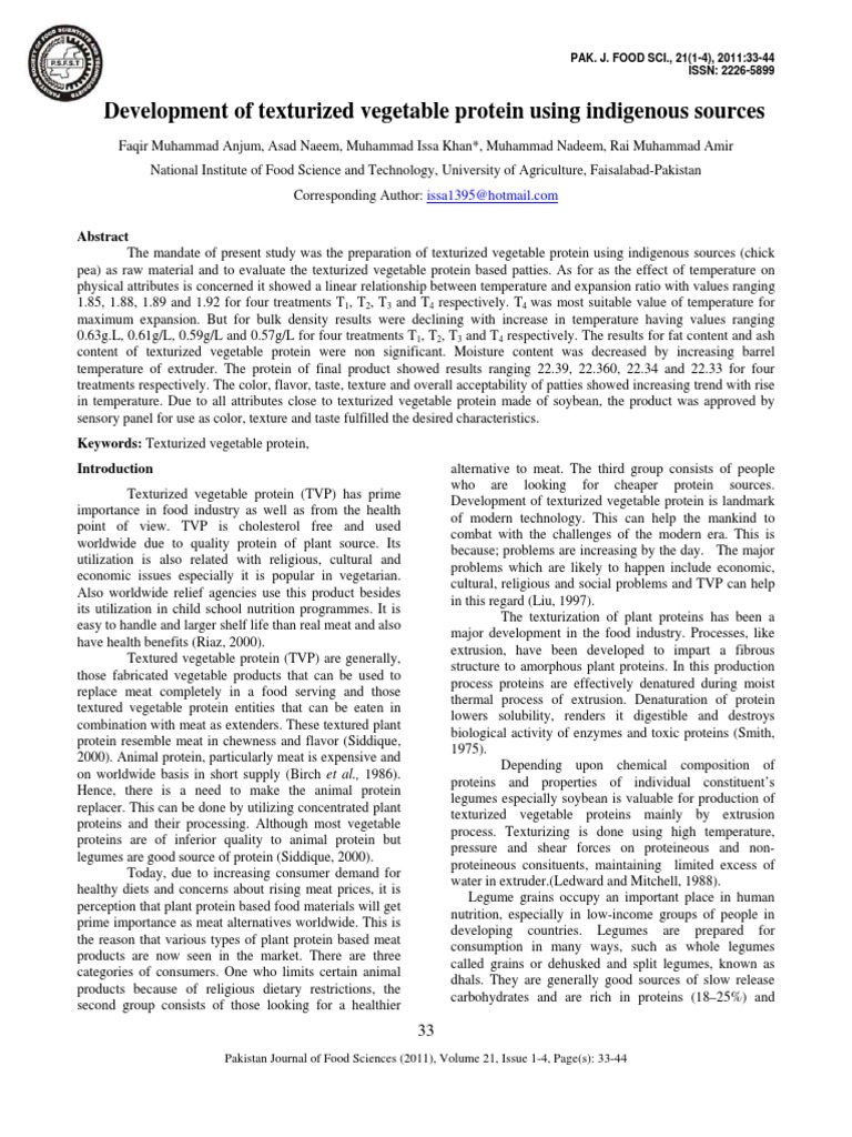 Development of Texturized Vegetable Protein Using Indigenous Sources ...