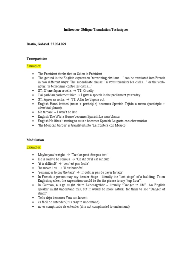 Indirect or Oblique Translation Techniques (EXAMPLES) Bastia, Gabriel ...