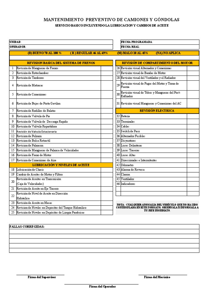 Formato Mtto Prev Camiones y Gondolas Lubricacion y Cambios de Aceite Mantto | PDF | Transmisión ...