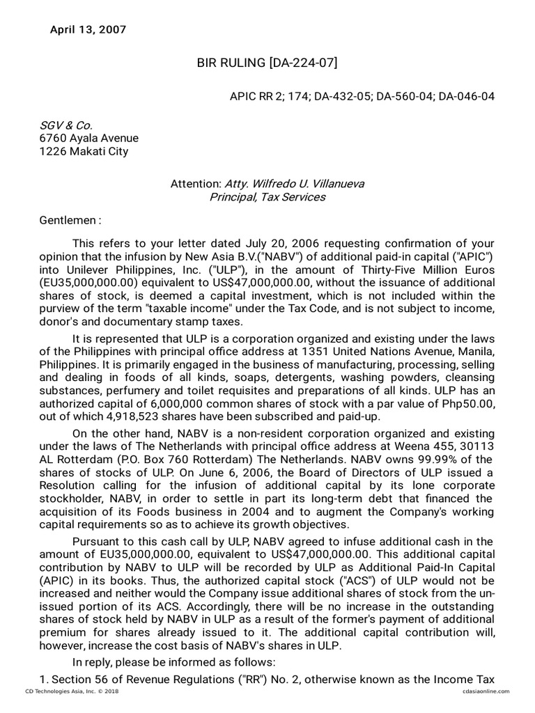 SGV & Co.: BIR RULING (DA-224-07) | PDF | Stocks | Corporations