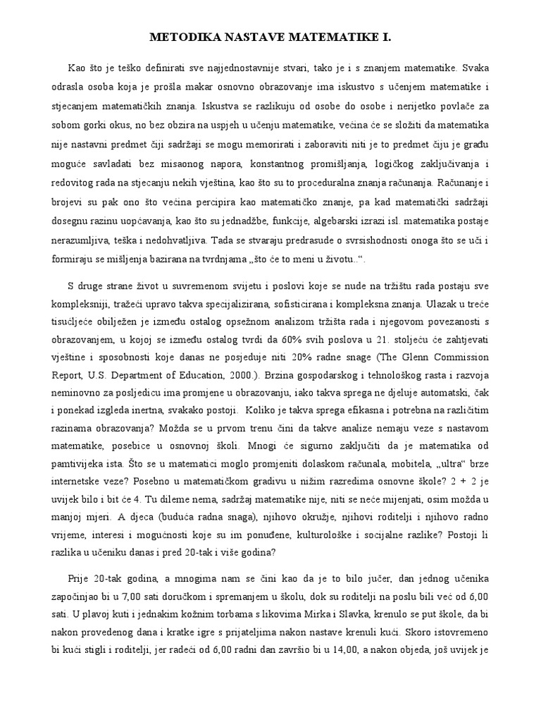 Metodika Nastave Matematike I. (Skripta) | PDF