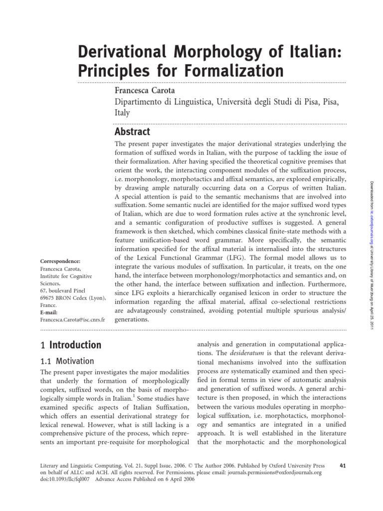 Derivational Morphology of Italian: Principles For Formalization | PDF ...