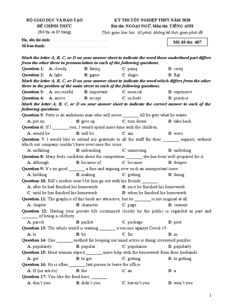 2020 Vietnamese High School Graduation Exam - English Section Practice ...