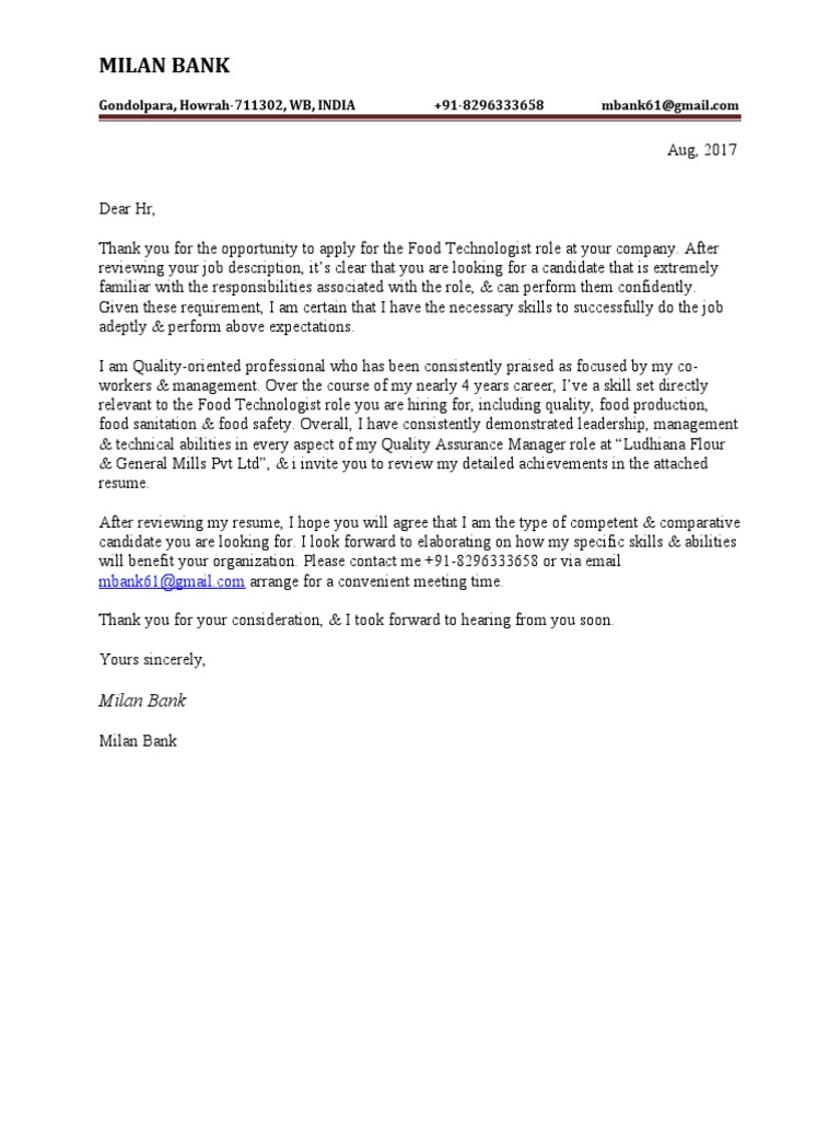 Food Technologist Cover Letter New | PDF