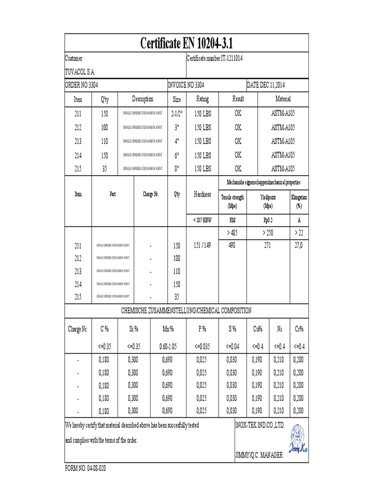 Certificate EN 10204-3.1: Item Charge Nr. Q'ty Mechanishe ...