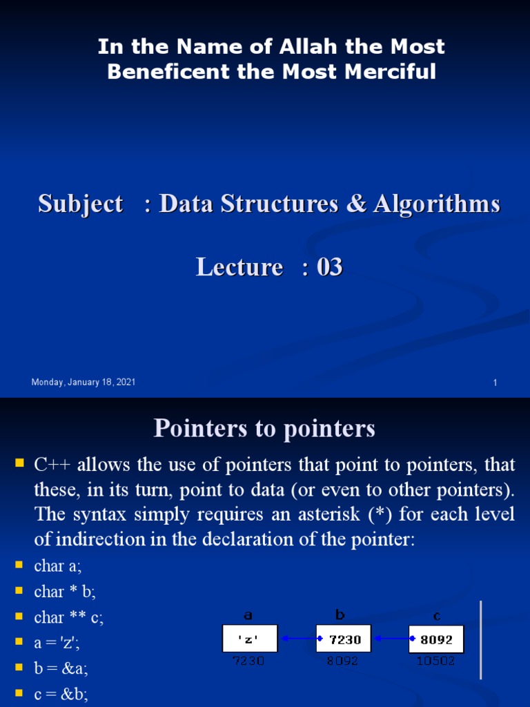 Subject Data Structures And Algorithms Ecture 03 Pdf Pointer Computer Programming Array