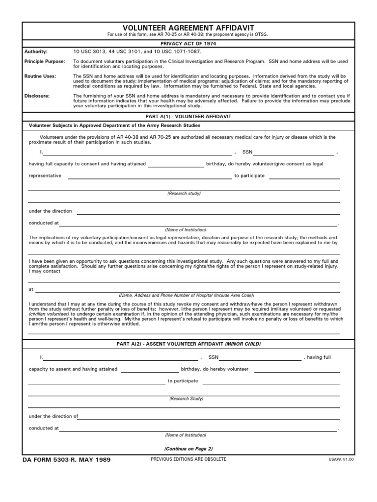 Volunteer Agreement Affidavit for Use of This Form, See | Consent ...