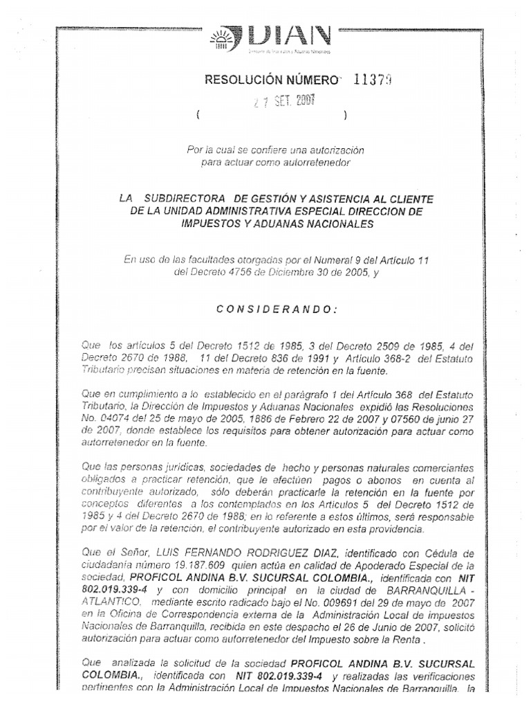 Resolucion 11379-2007 Autorización de Autorretenedor Rta PDF | PDF