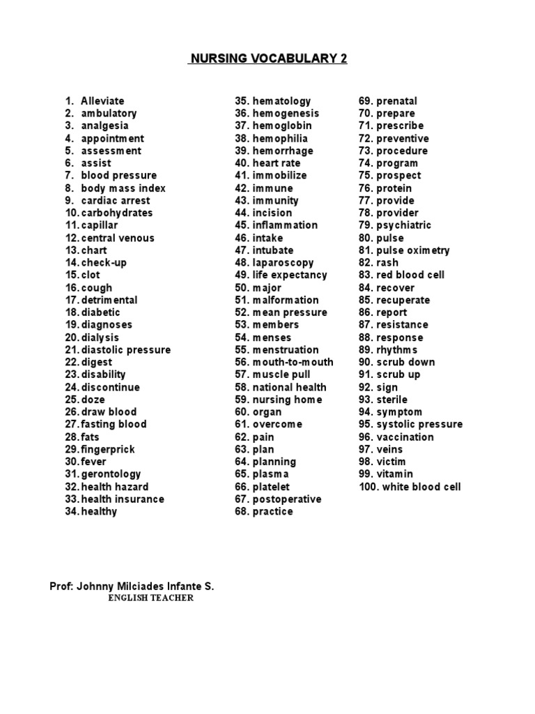 Nursing Vocabulary 2: English Teacher | PDF