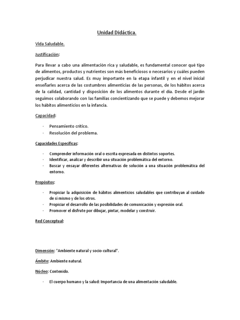 Unidad Didáctica, Vida Saludable PDF | PDF | Alimentos | Aquisición de ...
