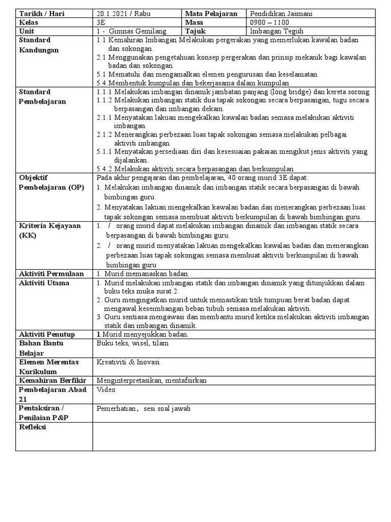 TS25 RPH PJ Tahun 3 - Imbangan Teguh | PDF