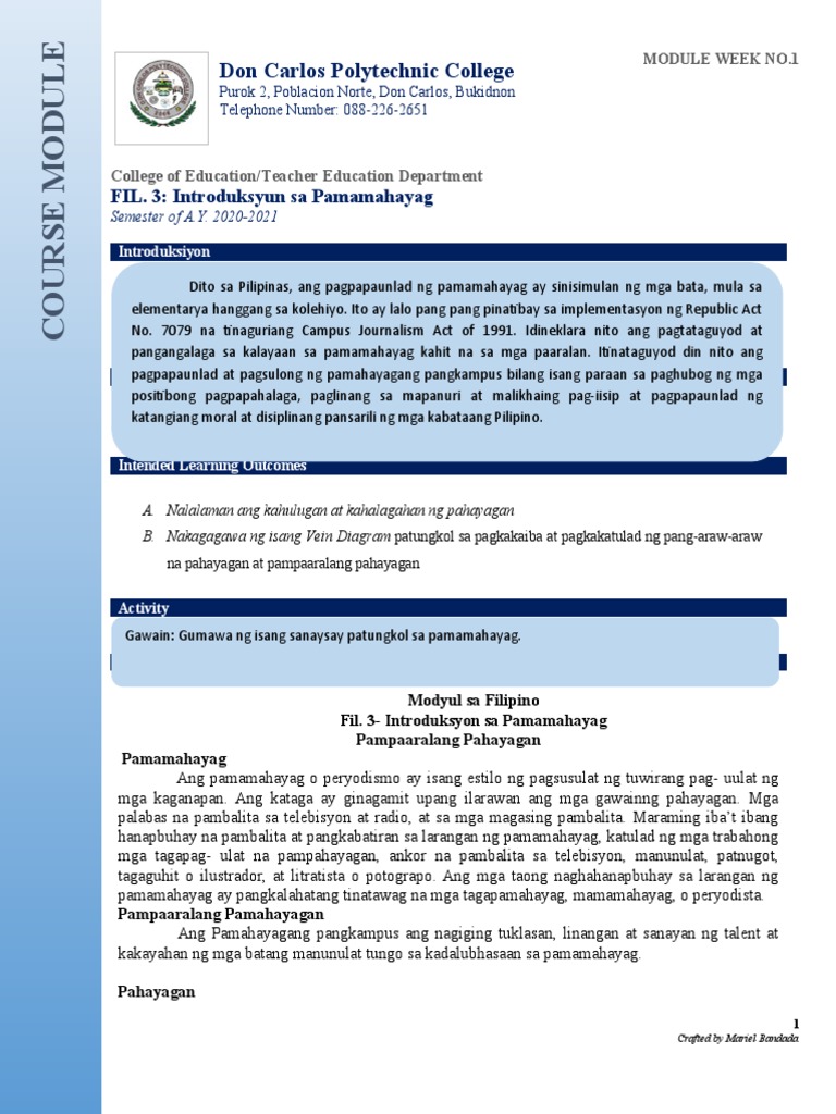 Fil.3 Module 1 Ang Pampaaralang Pahayagan | PDF