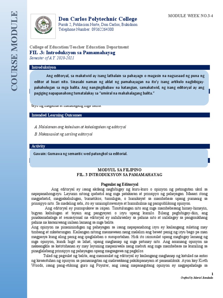 Fil.3 Module 3-4 Pagsulat NG Editoryal at Kulom Editoryal | PDF
