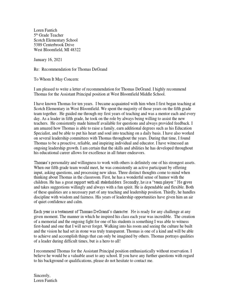 Thomas DeGrand Recommendation Letter | PDF | Teachers | Leadership