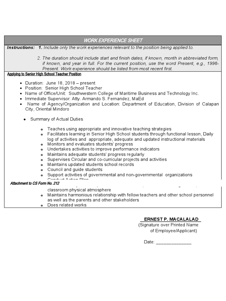 Cs Form No. 212 Attachment - Work Experience Sheet | PDF | Education ...