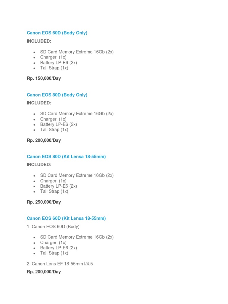 Price List Alat BSM Rental | PDF | Canon Inc. | Canon Eos