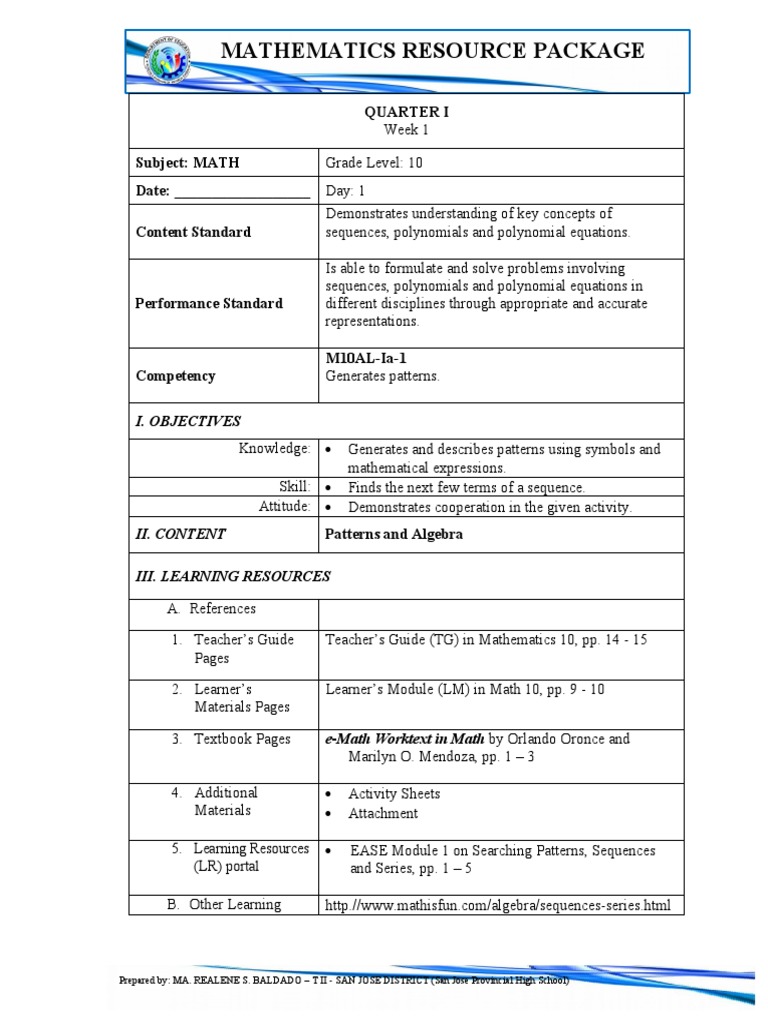 Mathematics Resource Package: Quarter I Subject: MATH Date: - Day: 1 ...