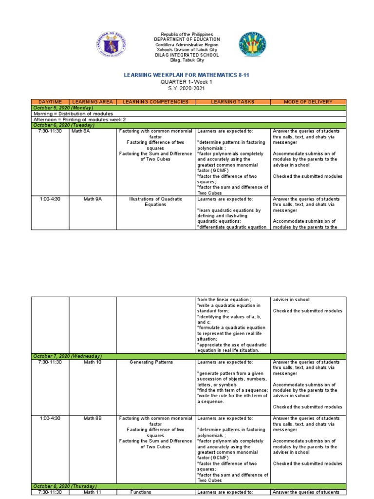 WORK WEEK PLAN - 1st WEEK OF OCTOBER | PDF | Factorization | Polynomial