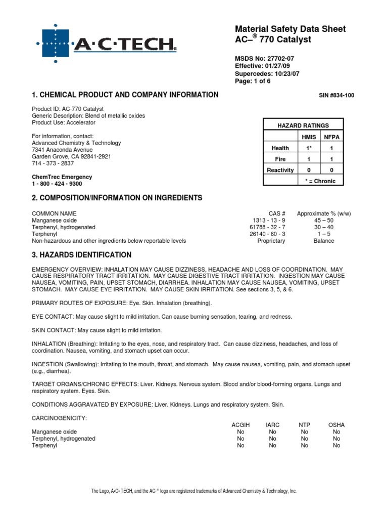 Material Safety Data Sheet AC - 770 Catalyst: 1. Chemical Product and ...