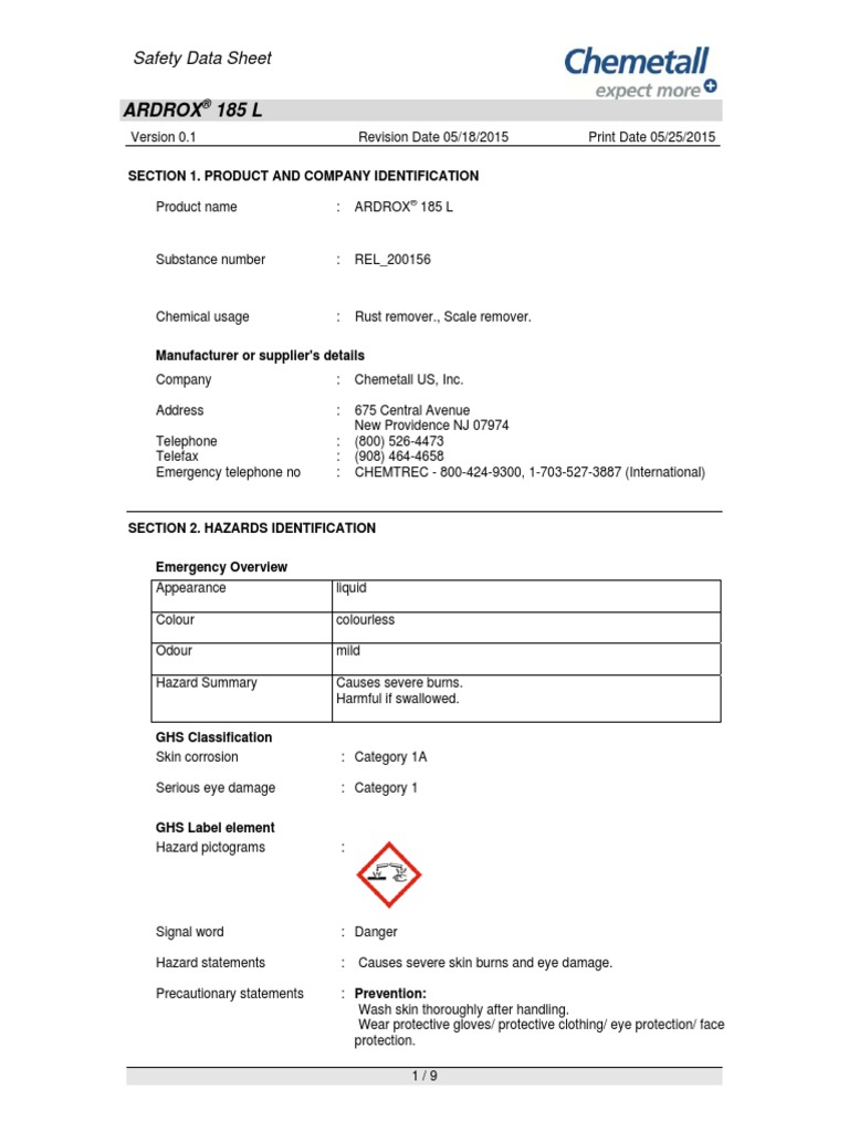 Ardrox 185 L: Safety Data Sheet | PDF | Toxicity | Personal Protective ...