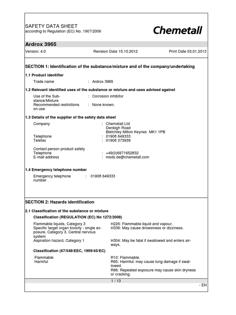 Ardrox 3965: Safety Data Sheet | PDF | Toxicity | Firefighting