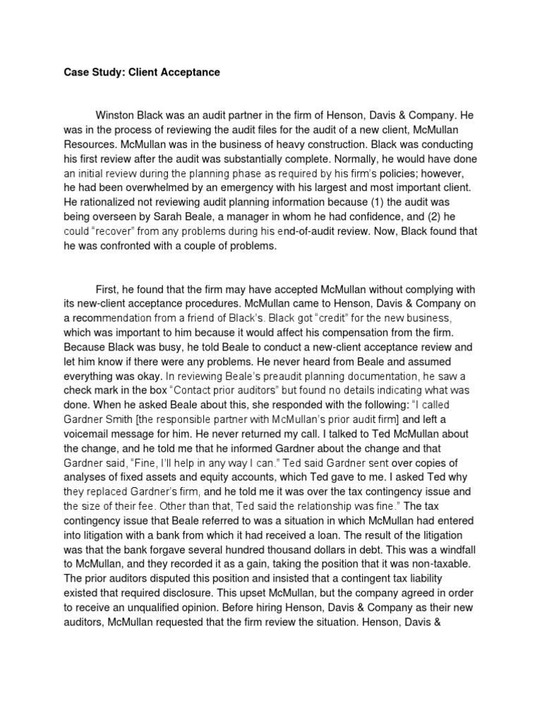 Case Study: Client Acceptance | PDF | Audit | Financial Statement