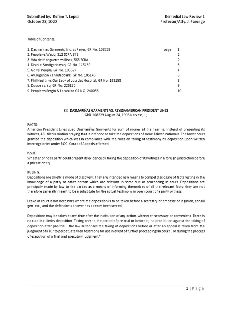 Case Digest Remedial Law 10232020 | PDF | Deposition (Law) | Discovery ...