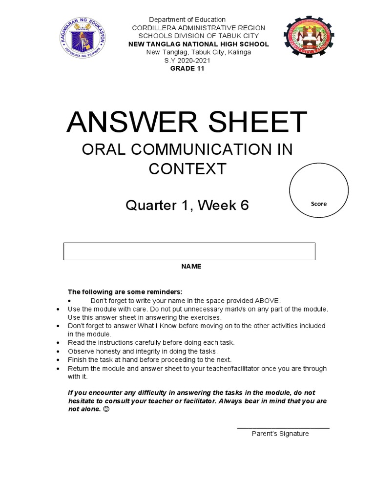 Answer Sheet: Oral Communication in Context | PDF | Teaching ...