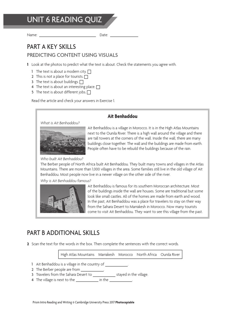 Unit 6 Reading Quiz: Part A Key Skills | PDF | Morocco | North Africa