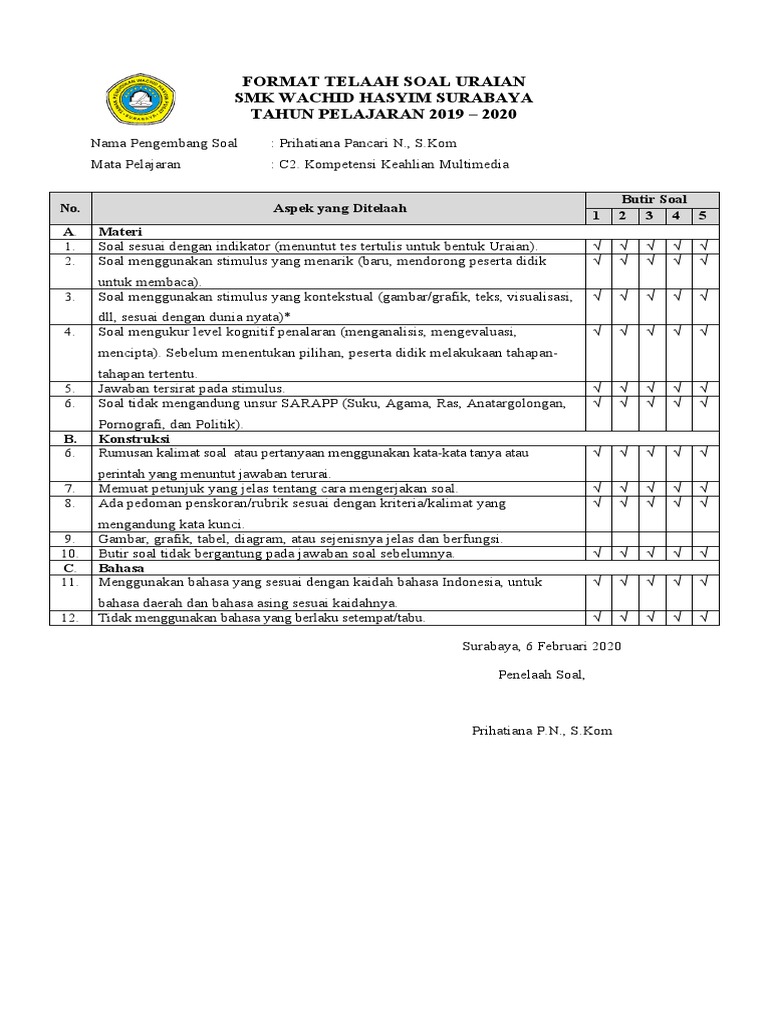 Format Telaah Soal Uraian C2-Kompetensi Keahlian Multimedia | PDF