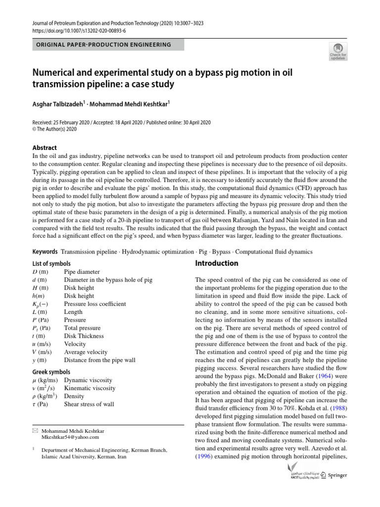 Numerical and Experimental Study On A Bypass Pig Motion in Oil ...