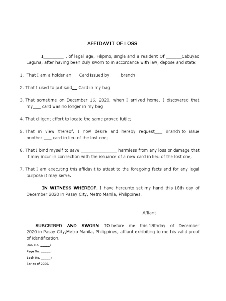 Affidavit of Loss Card | PDF