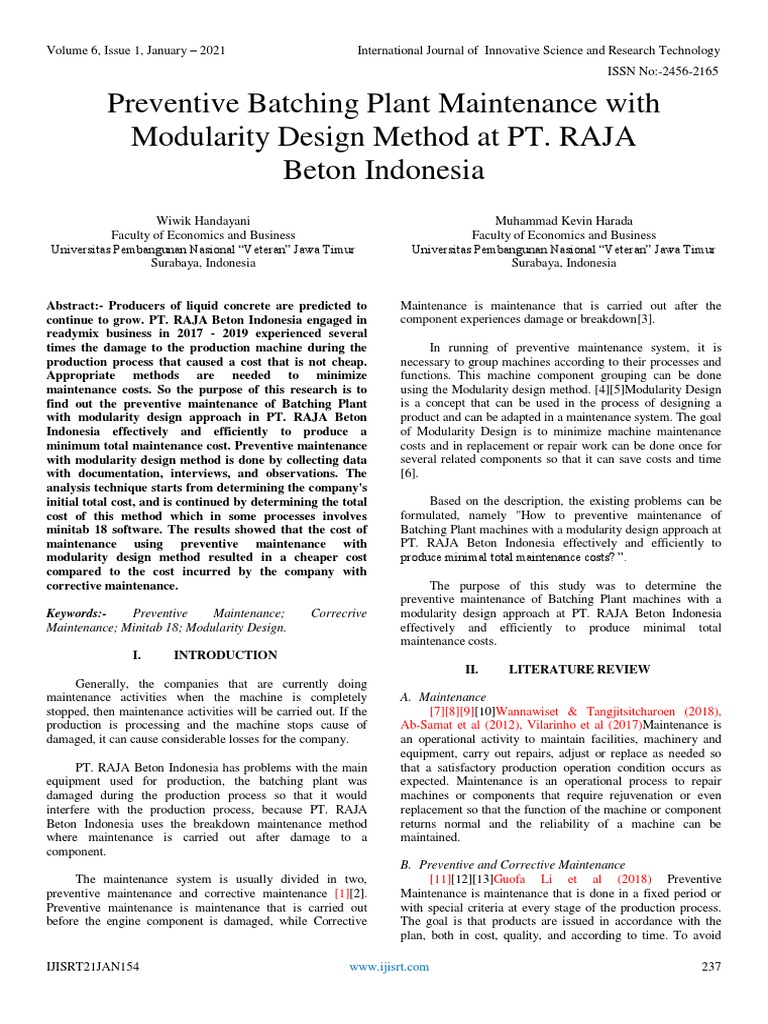 Preventive Batching Plant Maintenance With Modularity Design Method at PT. RAJA Beton Indonesia ...