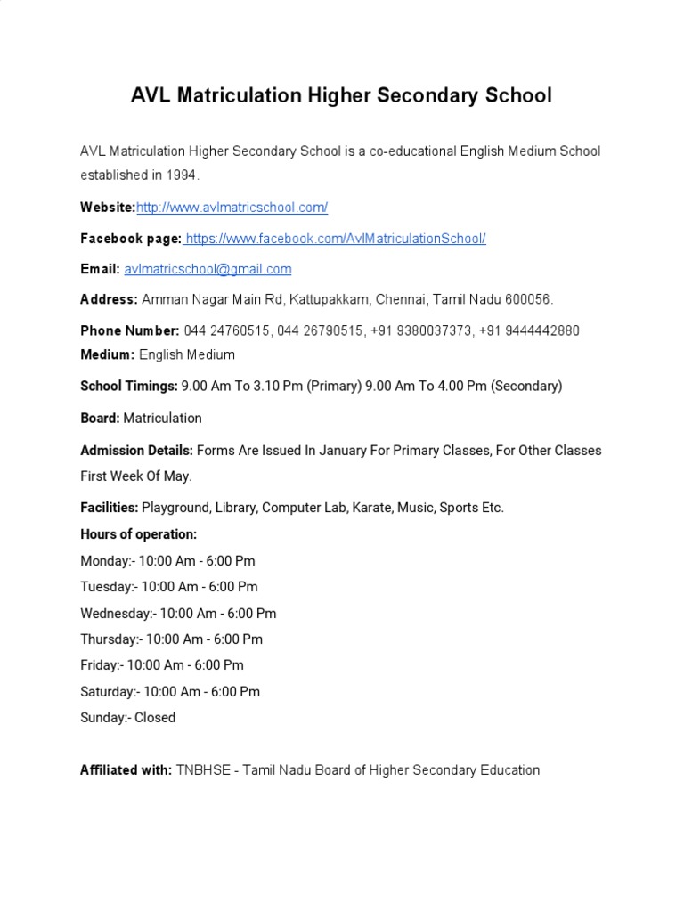AVL Matriculation School Overview | PDF
