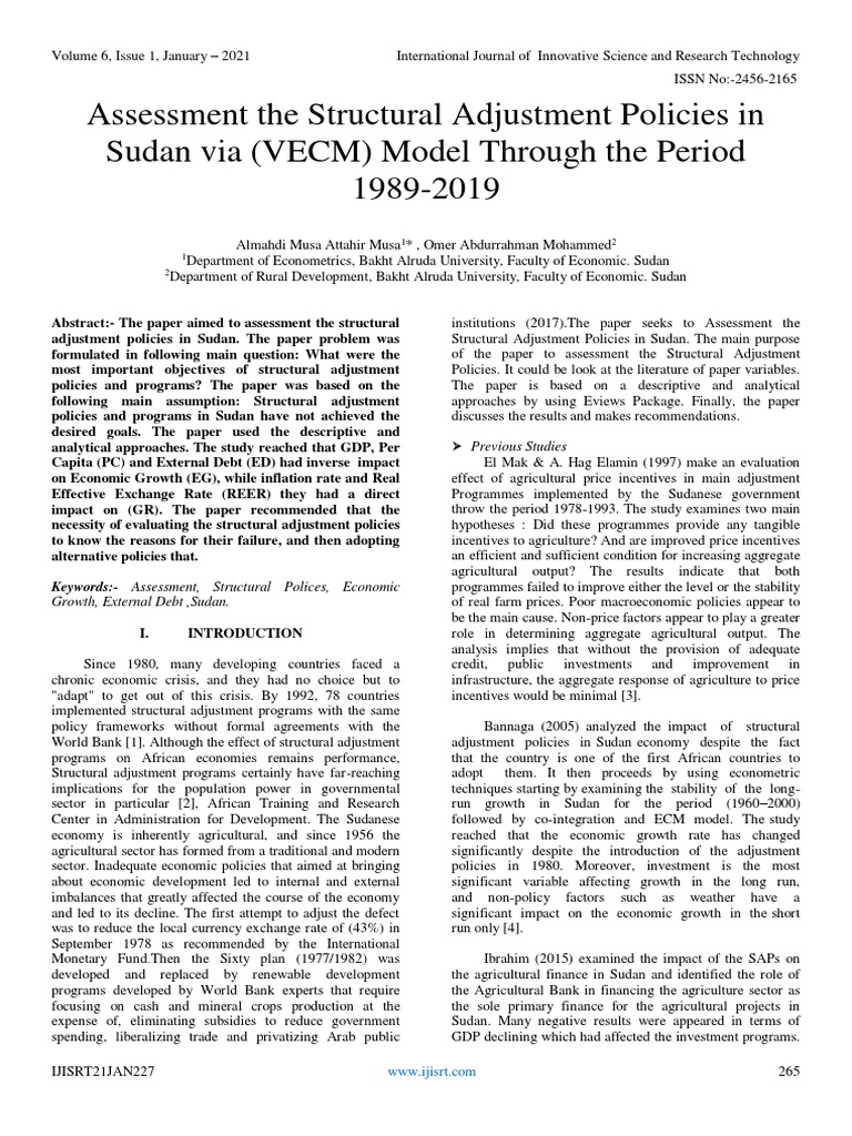 Assessment The Structural Adjustment Policies in Sudan Via (VECM) Model ...