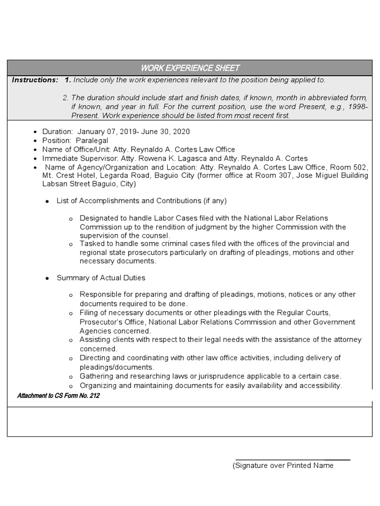 Work Experience Sheet: Instructions: 1. Include Only The Work ...