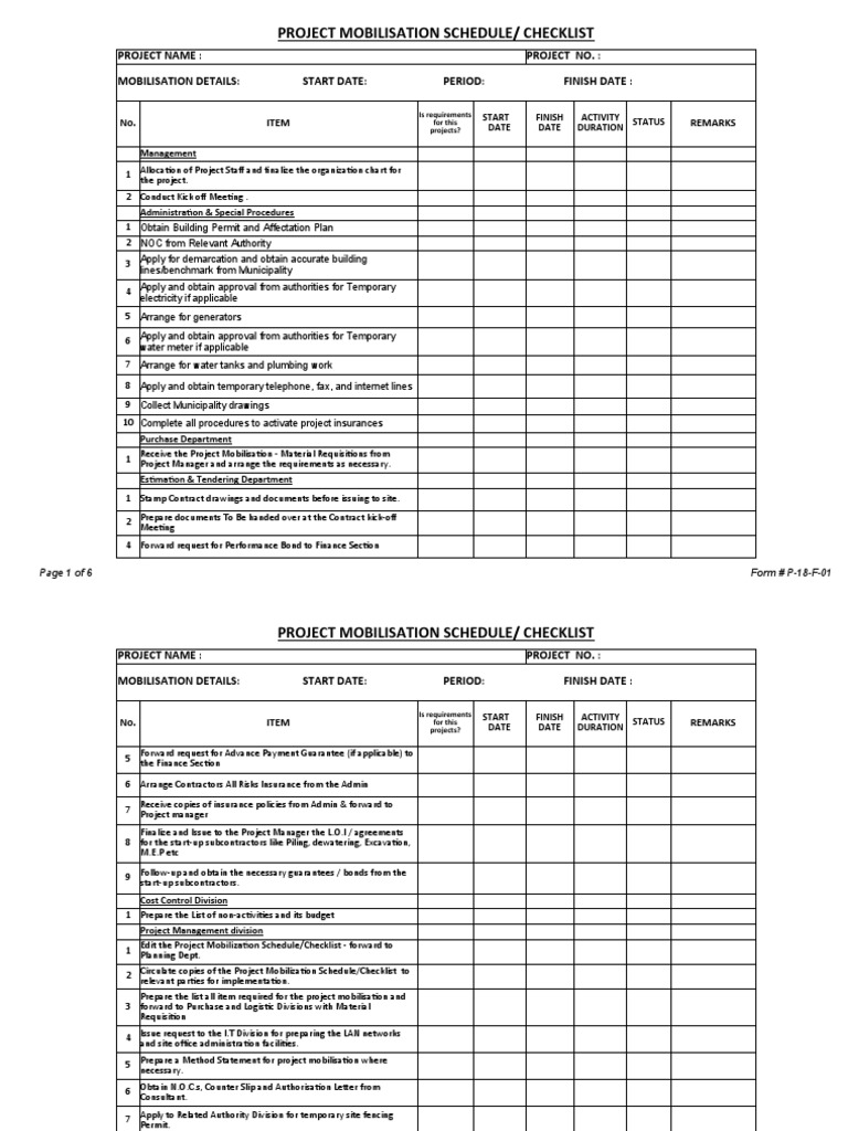 Project Mobilisation Schedule/ Checklist | PDF | Business