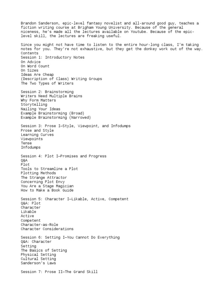 Sanderson's Writing Course Notes | PDF | Writers | Brainstorming