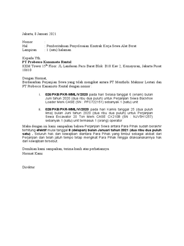 Draft Surat Pengakhiran Sewa Alat Berat | PDF