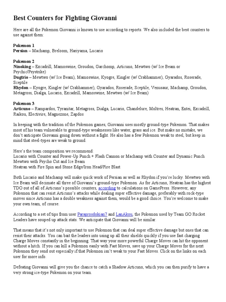 Best Counters For Fighting Giovanni | PDF | Nintendo | Nintendo Franchises