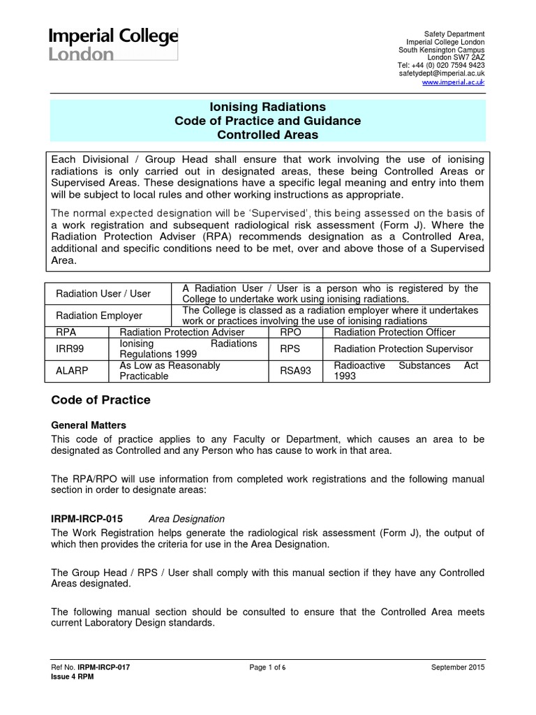 Ionising Radiations Code of Practice and Guidance Controlled Areas ...