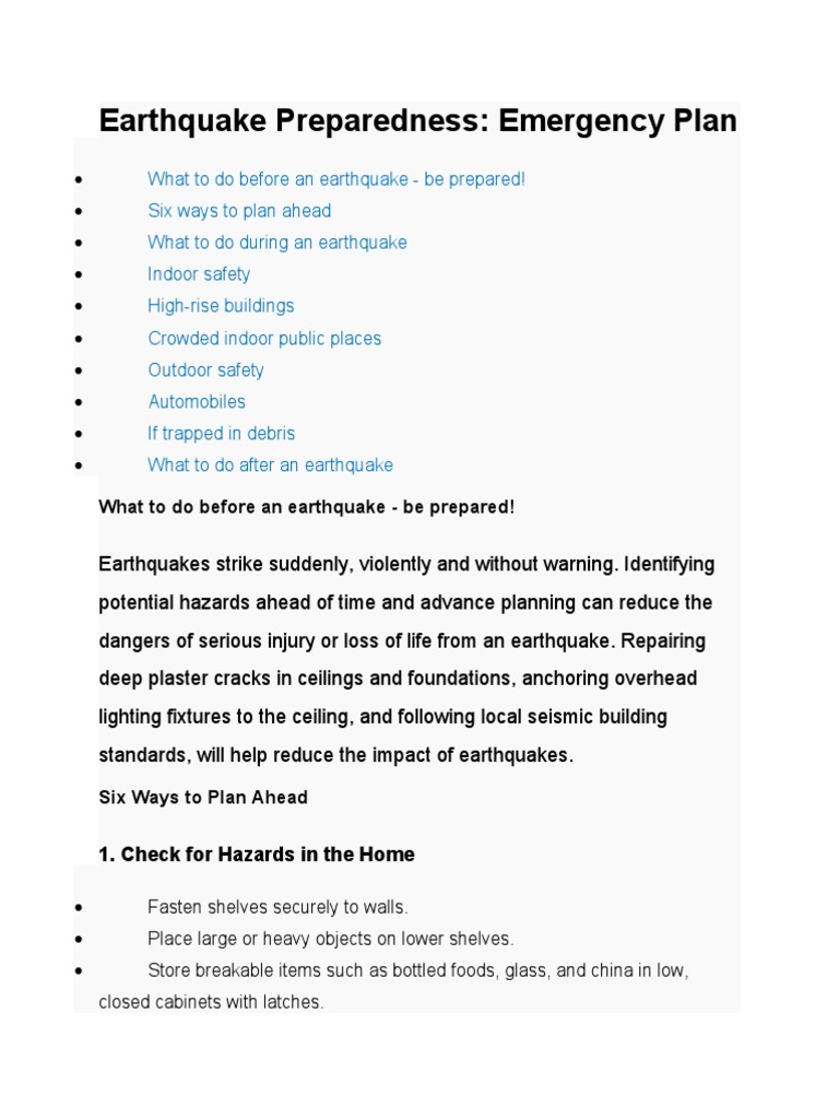 Earthquake Preparedness: Emergency Plan: What To Do Before An ...