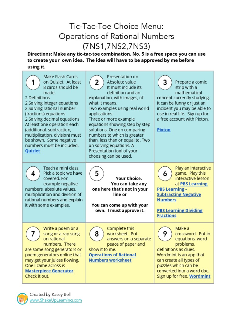 Tic-Tac-Toe Math Choice Board | PDF | Rational Number | Numbers