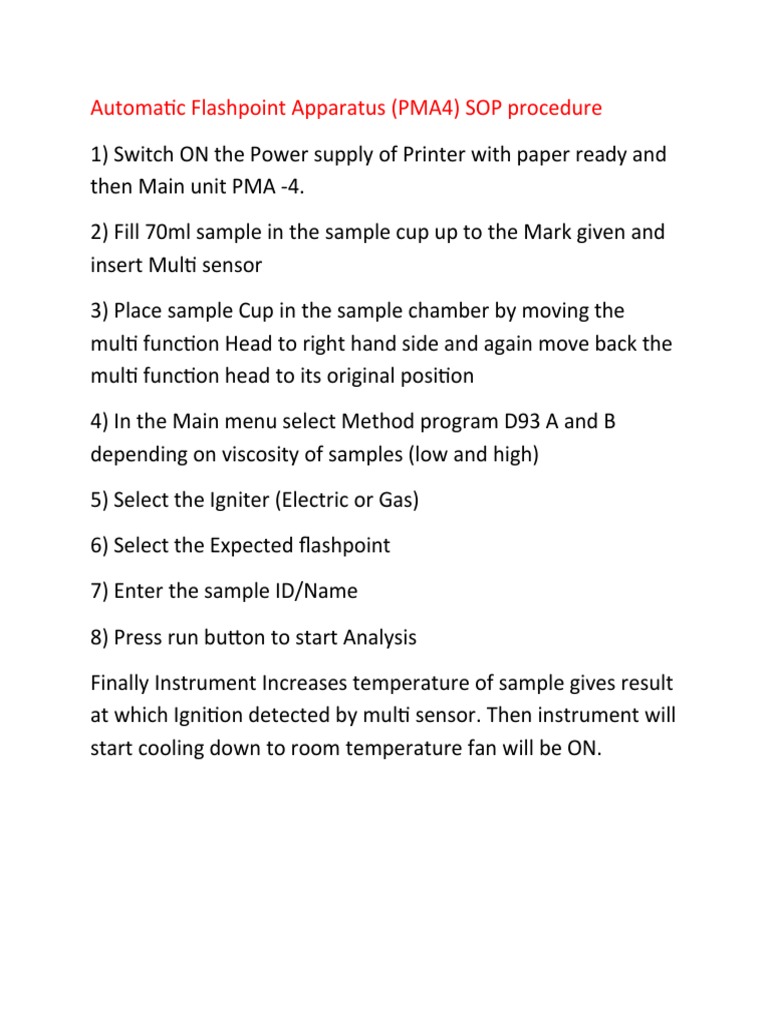 Automatic Flashpoint Apparatus (PMA4) SOP Procedure | PDF