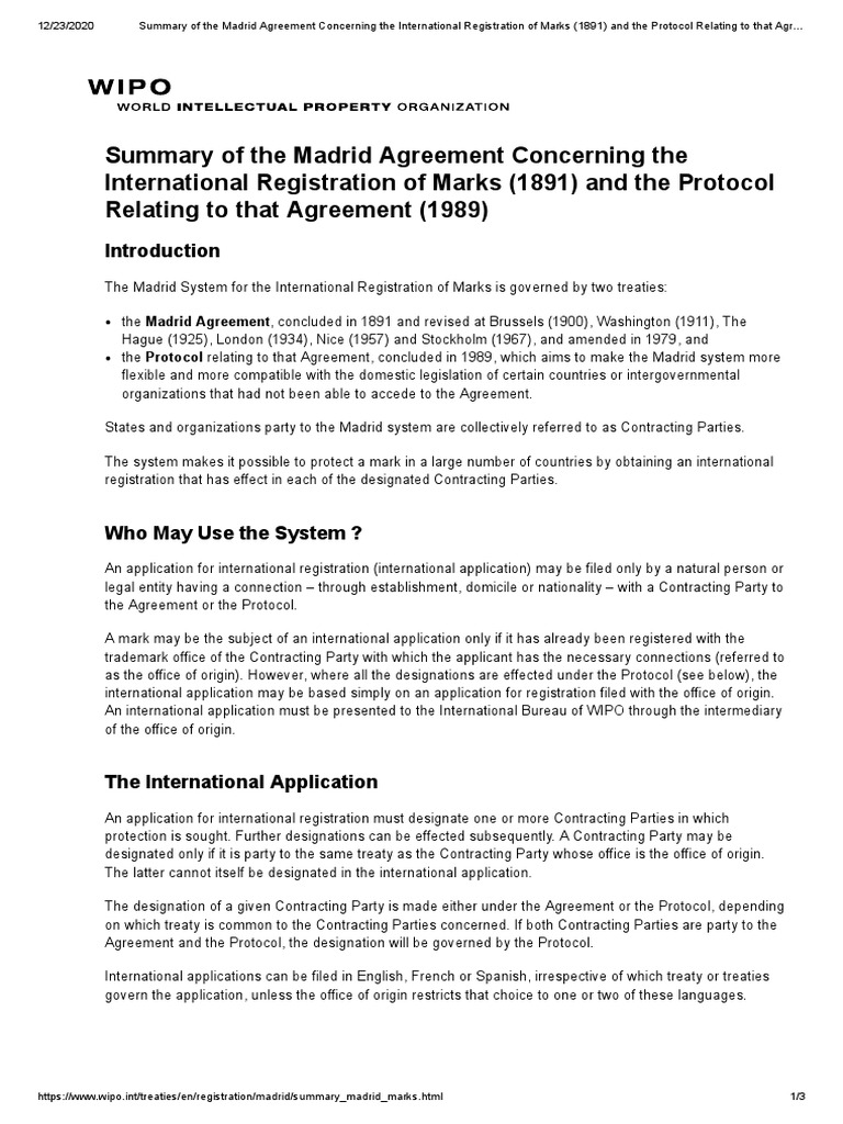 Summary of The Madrid Agreement Concerning The International ...