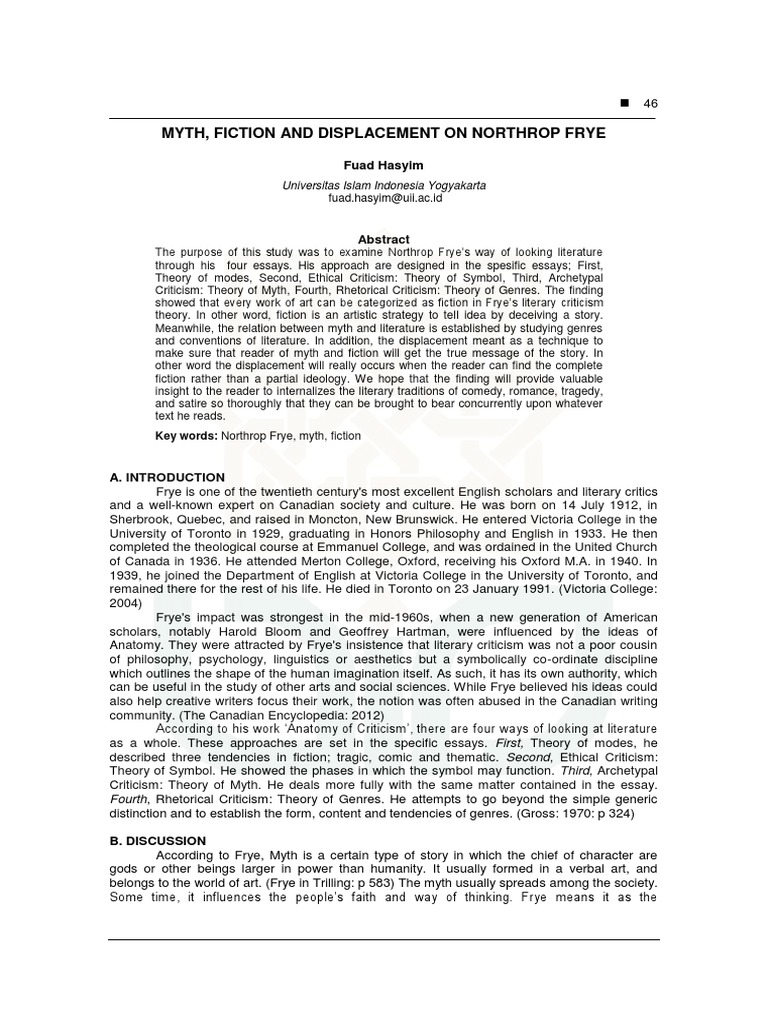 Myth, Fiction and Displacement On Northrop Frye PDF | PDF | Narrative ...